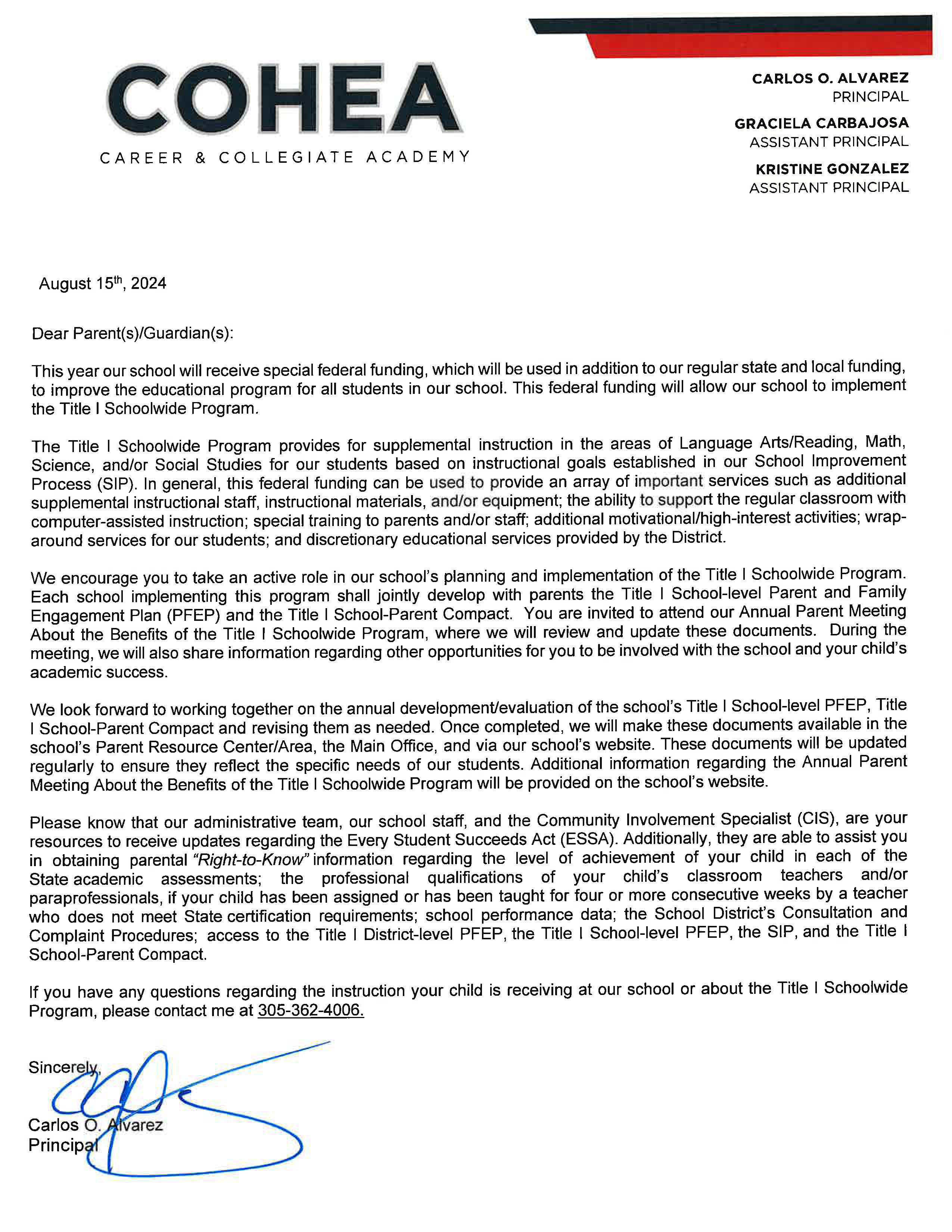 TITLE I PARENT NOTIFICATION LETTERS.